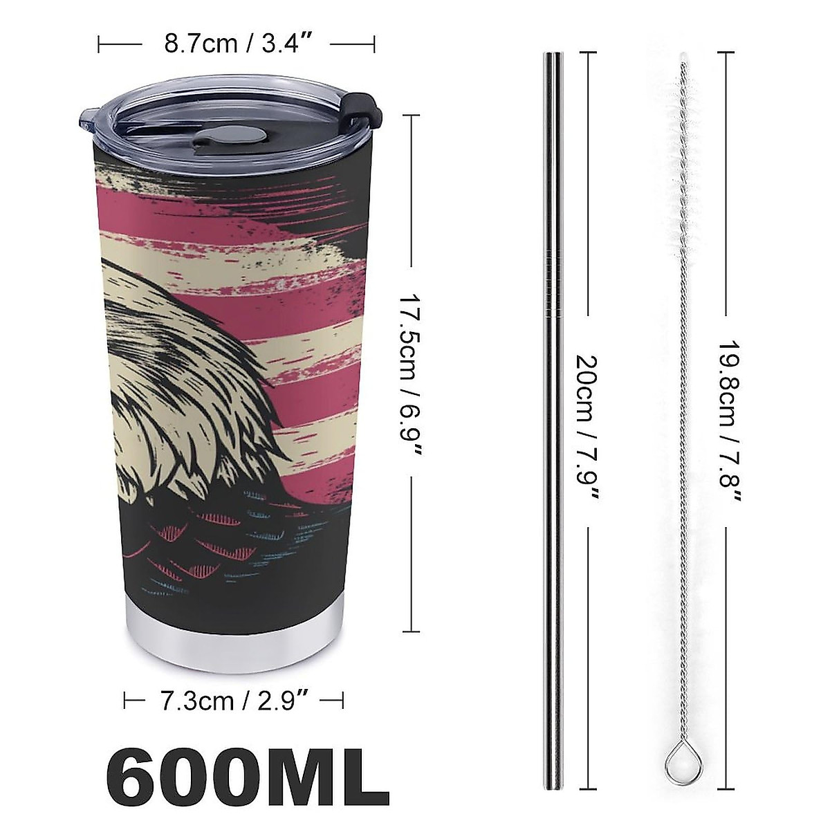 zxxpensy 20 Oz Tumbler Travel Cup Eagle Mid-Century Water Bottle, Stainless Steel Vacuum Insulated Coffee Mug with Straw Lid And Cleaning Brush