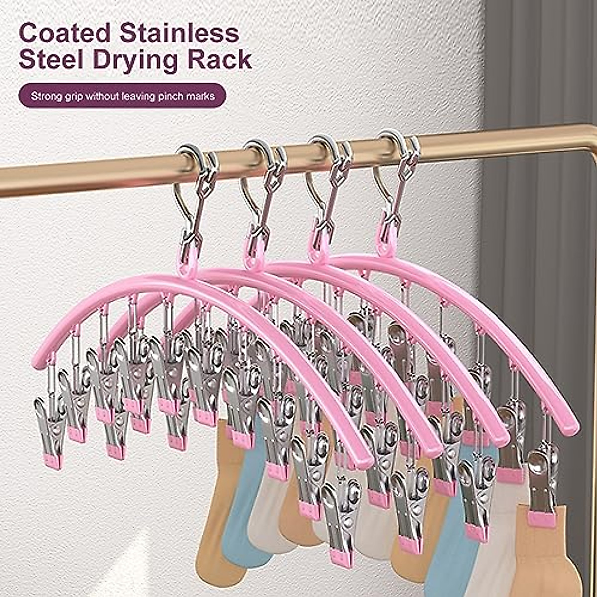 Drying Drip Hanger, 2Pcs Space Saving Sock Hangers Stainless Steel Sock Dryer Laundry Drying Rack Clothes Hanger Anti-skidding Legging Hangers Durable Sock Peg Hanger for Underwear Socks Pink