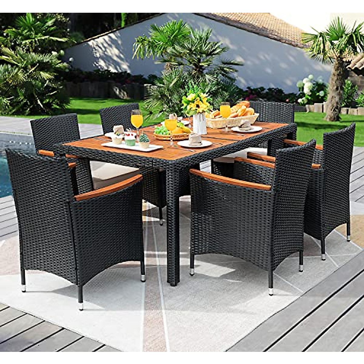 Flamaker 7 PCS Outdoor Patio Dining Set, Outdoor Patio Furniture Set, Rattan Chairs with Large Wood Table for Garden and Yard