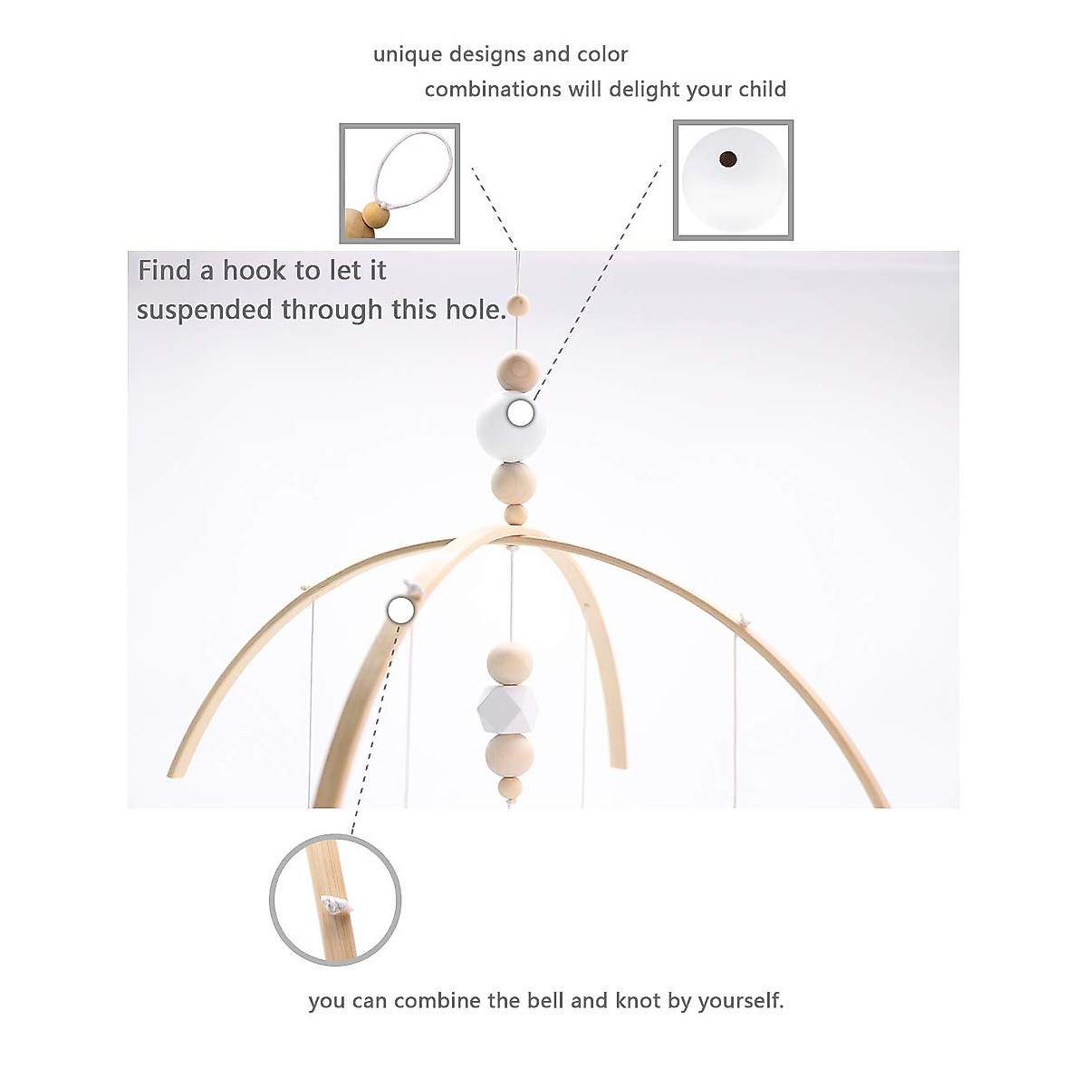 AONTUS Baby Crib Mobiles Wooden Beads for Children Boys Girls Babies Bed Room Designer Colors to Match Nursery Delight (White Wooden Beads)