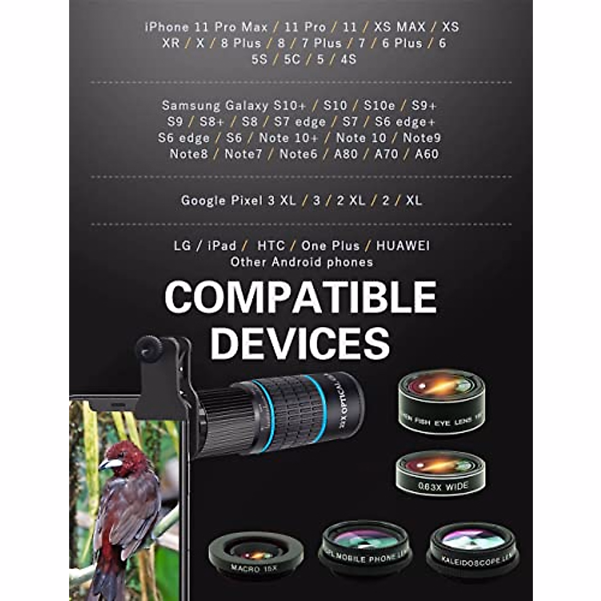Phone Camera Lens Kit 10 in 1 for iPhone Samsung Pixel Android, 22X Telephoto Lens, 0.63Wide Angle Lens&15X Macro Lens, 198° Fisheye Lens,Kaleidoscopes, CPL+Tripod，for Most Smartphone