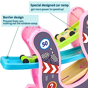 Toys Car Ramp Racer Toy Vehicle Track Set for Toddler 1 2 3 Year Old Boys Girls Gifts,Garage Playset with 4 Mini Racers & Building Parking Lot, Pink