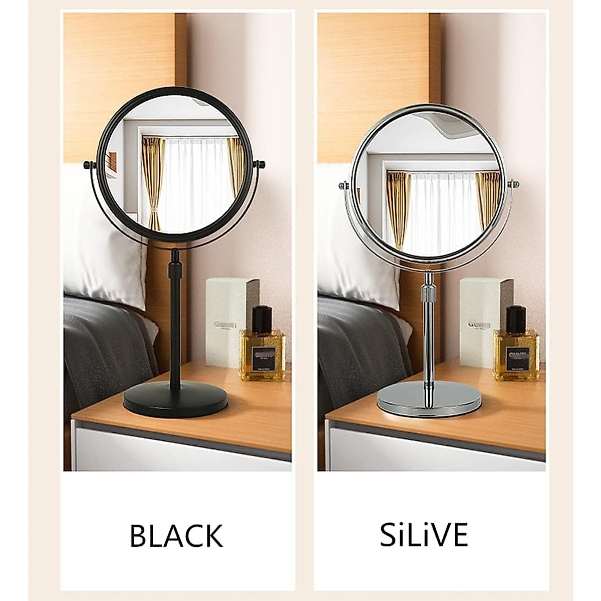 HIHIA Height Adjustable Makeup Mirror 8 Inch Double-Sided 7X Magnification, Black Magnifying Makeup Mirror Round Tabletop Mirror Tall, Countertop Standing Cosmetics Black Finish