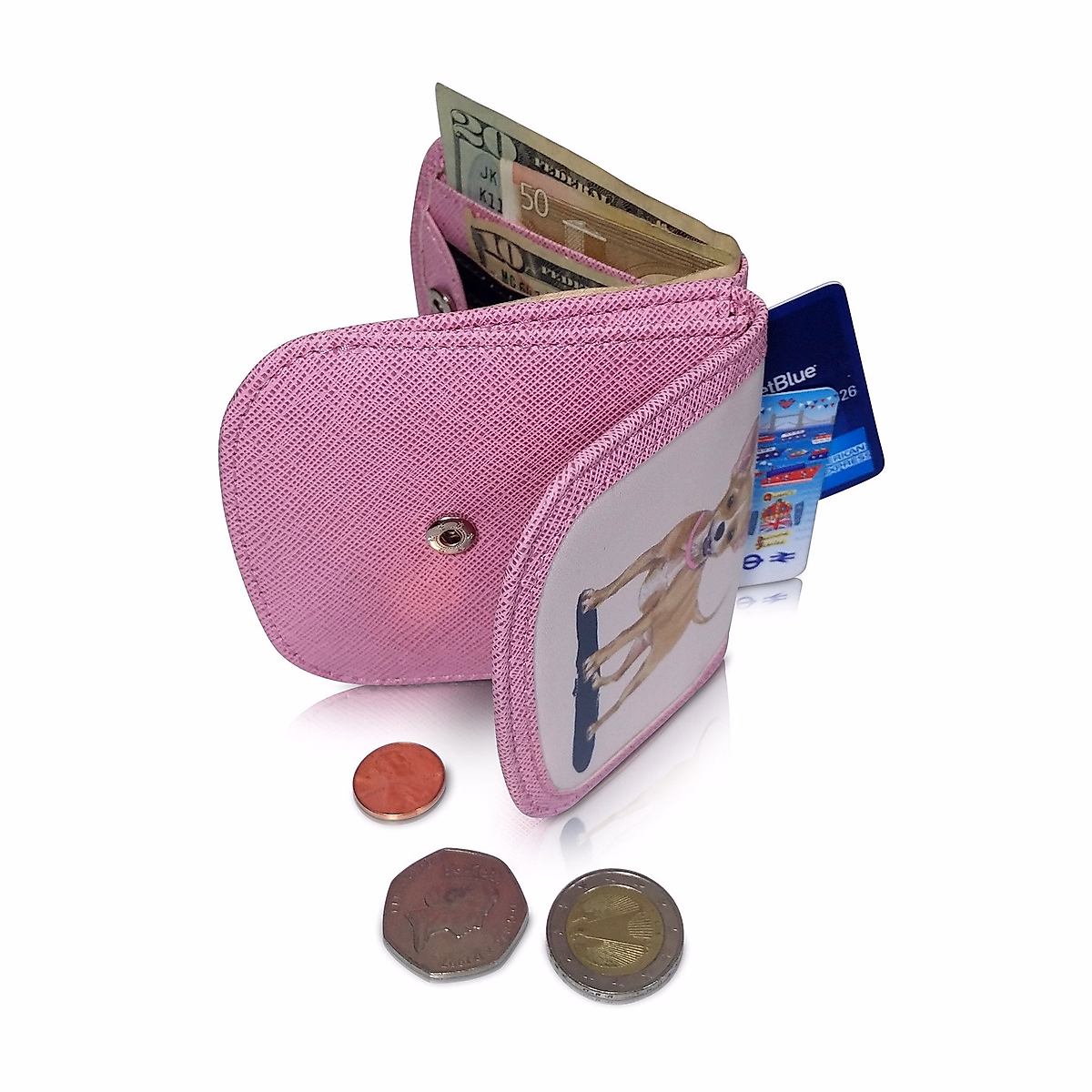 Taxi Wallet – Vegan Material, Chihuahua – A Simple, Compact, Front Pocket, Folding Wallet, that holds Cards, Coins, Bills, ID – for Men & Women