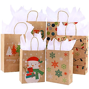 SUNCOLOR Pack of 24 Brown Christmas Gift Bags Assorted Sizes With Tissue paper (8 Large 13", 8 Medium 11", 8 Small 9")