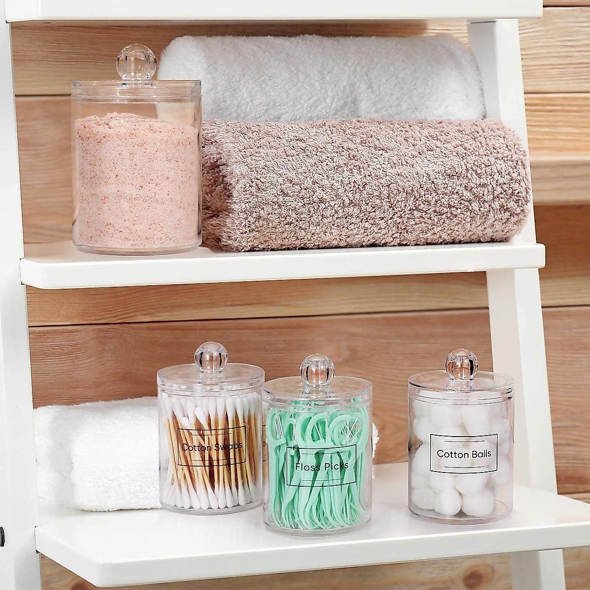 4 PACK Qtip Holder Dispenser for Cotton Ball, Cotton Swab, Cotton Round Pads, Floss Picks - 10 oz Clear Plastic Apothecary Jar Set for Bathroom Canister Storage Organization, Vanity Makeup Organizer