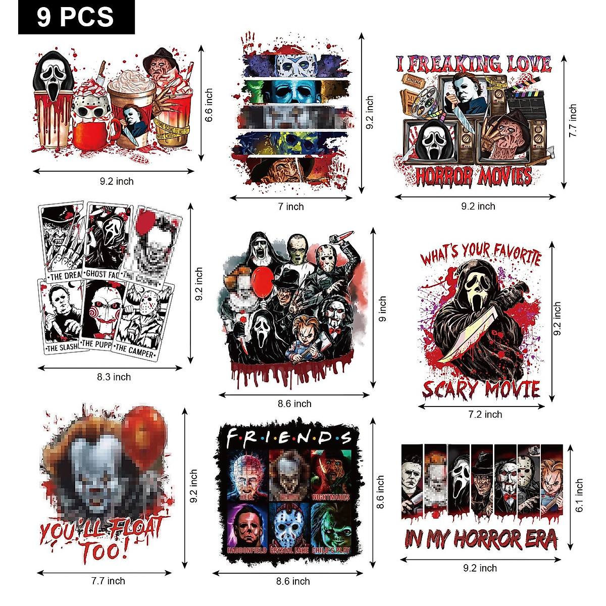 9 Sheets Halloween Iron on Transfers for T-Shirts,Halloween Heat Transfer Vinyl,Horror Movie Iron on Patches Sticker Halloween Iron on Decals for T-Shirt Clothes DIY