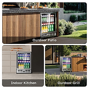 Outdoor Refrigerator, Stainless Outdoor Fridge for Outdoor Kitchen and Patio, Built-in/Freestanding 24 Inch Undercounter Refrigerators with Wheels, 190 Cans Outdoor Beverage Refrigerator Lockable