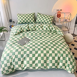 Wellboo Green White Plaid Comforter Sets Queen Women Men Sage Green Checkerboard Grid Bedding Comforters Cotton Boys Girls Modern Grass Green and White Checkered Geometric Quilts Luxury Abstract Bed