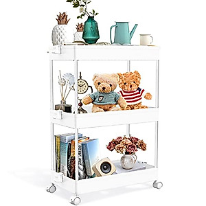 SPACEKEEPER Storage Cart 3 Tier Bathroom Storage Organizers, Rolling Utility Cart with Wheels Slide Out Storage Shelves Mobile Shelving Unit Organizer for Office, Bedroom, Laundry Room, White, 2 Pack