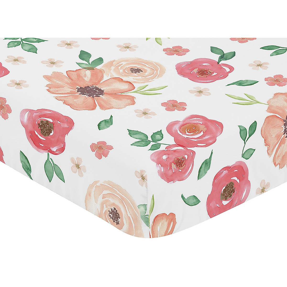 Sweet Jojo Designs Peach and Green Baby or Toddler Fitted Crib Sheet for Watercolor Floral Collection - Pink Rose Flower