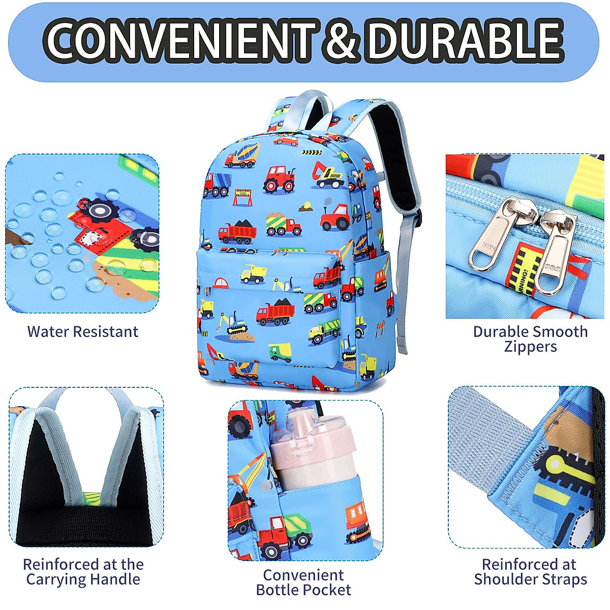 AUIVTY Preschool Backpack for Boys, Kids Backpack with Lunch Box Construction Backpack for Preschool Kindergarten Daycare and Travel, Car School Bookbag with Chest Buckle (Construction-Light Blue)