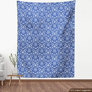 Ambesonne Navy Blue Fabric by The Yard, Ethnic Repeating Flowers Folkloric Traditional Ornamental Motifs, Decorative Fabric for Upholstery and Home Accents, 3 Yards, White and Lavender Blue