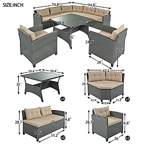 ERYE 6 Pieces Patio Conversation Furniture Sets Outdoor PE Rattan Wicker Sofa & Dining Table Group, 6Pcs All Weather Garden Seating Sectional with Rectangular Table, Armchairs, Loveseats and Corner