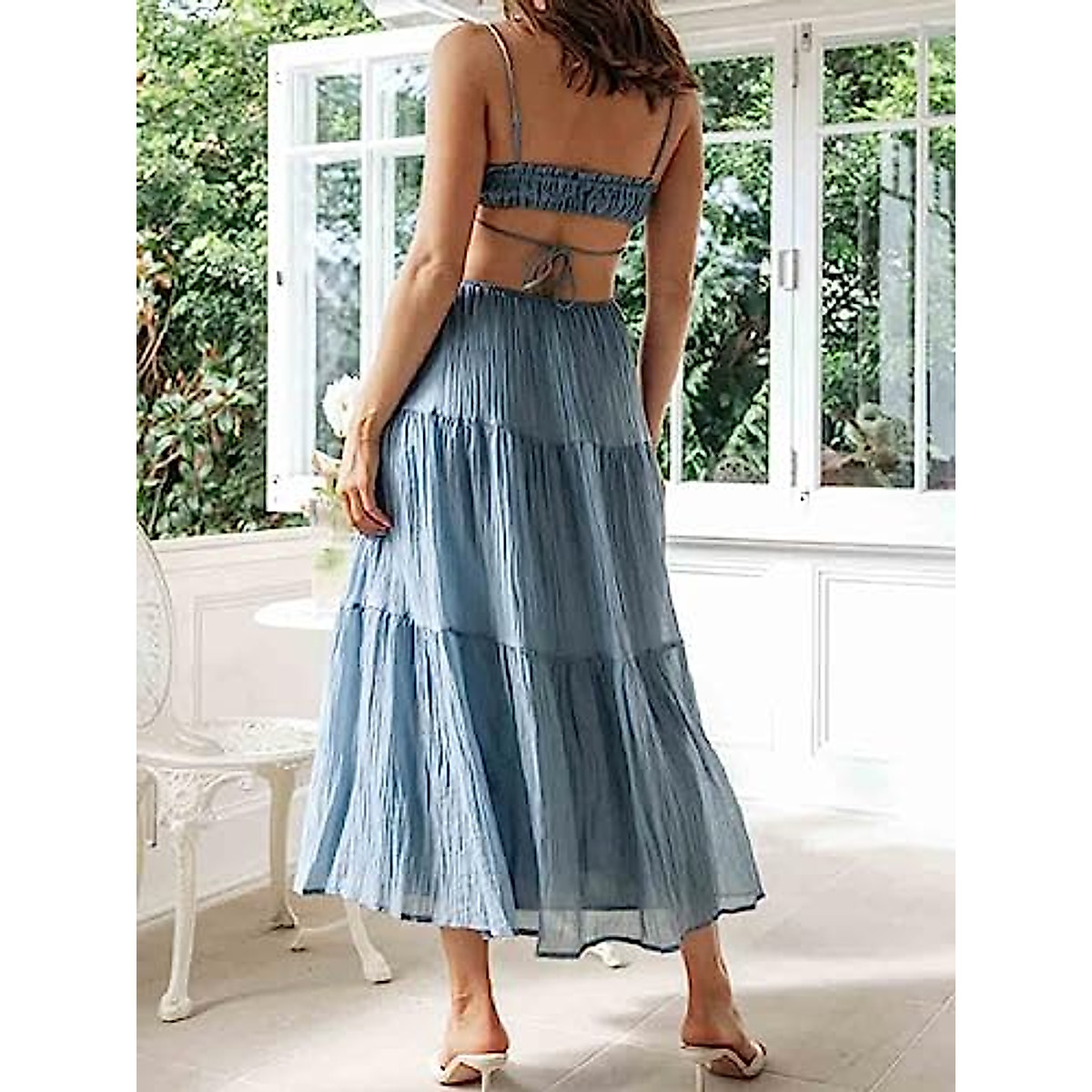 Women Y2k Bodycon Long Dress Spaghetti Strap Low Cut Dress Sexy Backless High Split Maxi Dress Clubwear Z-Blue