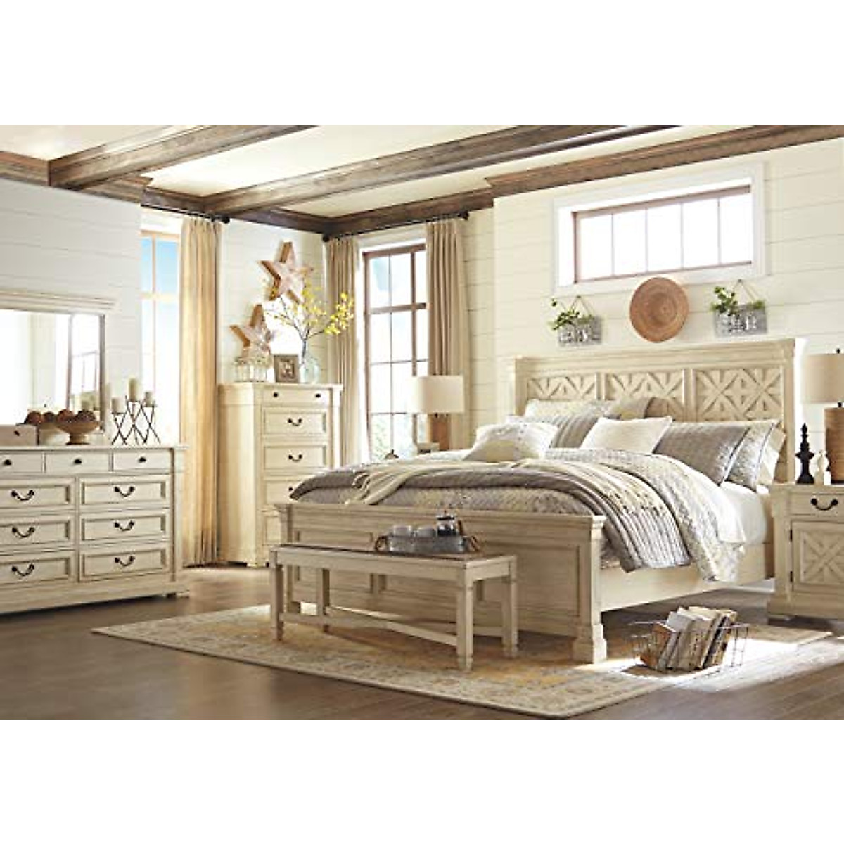 Signature Design by Ashley Bolanburg French Country Upholstered Dining Room Bench, Antique White