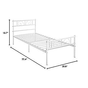 Twin Bed Frames White with Storage for Girls Boys Adults, No Box Spring Needed Single Platform Bed Duty Metal Slats Support Mattress Foundation with Headboard