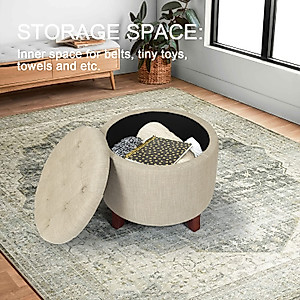 DECO DE VILLE Round Footstool Storage Ottoman, Cushion Button Tufted Linen Fabric Ottoman with Removable Lid, 20", Beige