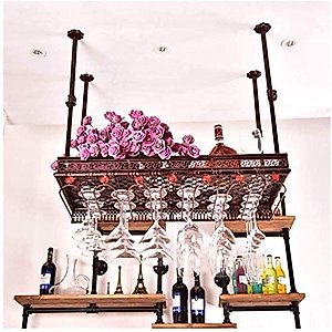 Stylish Simplicity Double Tiers Bars Hanging Wine Bottles Holder with Rhinestone, Ktv Creative Ceiling Cups/Wine Glass/Goblet Holder Stand Rack Metal Steel Storage Shlef, PIBM, Bronze, L120*W35cm