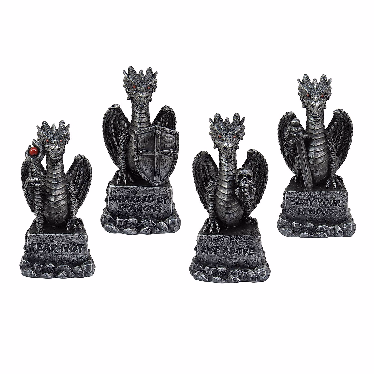 DWK Pewter Dragons Motivational Gothic Decor Mini Figurines | 4 Piece Set Medieval Home Decor and Dragon Garden Decor | Medieval Mini Statues Gifts for Meditation - 5"
