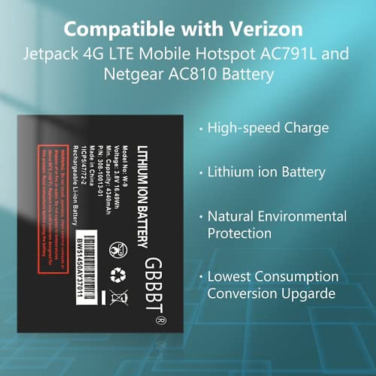 W-9 Battery 4340mAh Replacement for Verizon Jetpack W9 4G LTE Mobile Hotspot AC791L Netgear AC810 AT&T Unite Explore 815S Verizon Jetpack AC791L Hotspot (1 Pack)