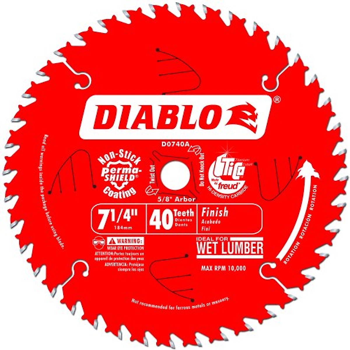 Freud D0740A Diablo 7-1/4 40 Tooth ATB Finishing Saw Blade with 5/8-Inch Arbor, Diamond Knockout, and PermaShield Coating