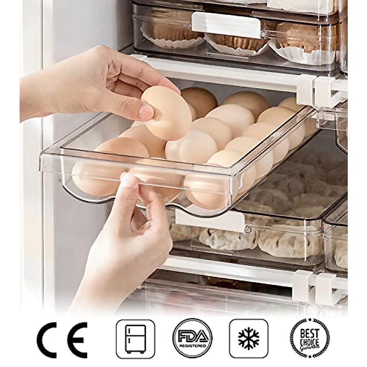 MDHAND Egg Holder for Refrigerator, Refrigerator Organizer Bins, Egg Tray for Refrigerator, Pull-Out Egg Drawer Organizer for Refrigerator, Kitchen Refrigerator Egg Trays