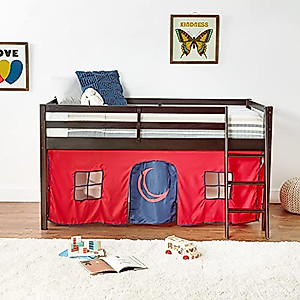 Alaterre Furniture Roxy Pine Twin Junior Loft Bed, Espresso with Red & Blue Tent