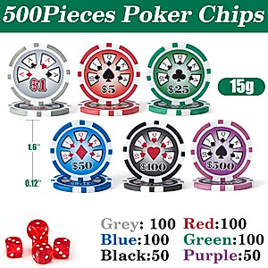 ECOTOUGE Poker Chip Set 500 with Case, Poker Set with 11.5 Gram Chips, Cards, Dices, Buttons and Aluminum Case for Texas Holdem Blackjack Gambling, Home Game with Family and Friends, White