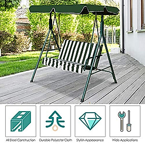 Tangkula 2-Person Patio Swing, Outdoor Yard Swing with Canopy & Cushion, Weather Resistant Steel Lounge Swing Chair for Porch, Backyard, Garden, Balcony (Green)