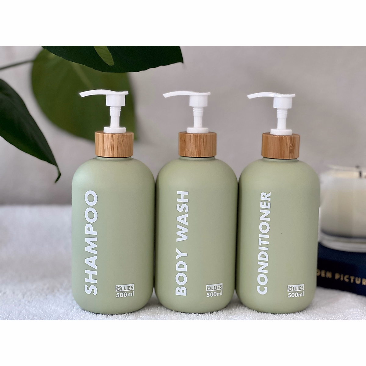 OLLIES Shampoo and Conditioner Dispenser, Shower Soap Dispenser for Bathroom-Set of 3 with Permanent Stylish Label-17oz, 500ml Refillable Shampoo and Conditioner Bottles Green