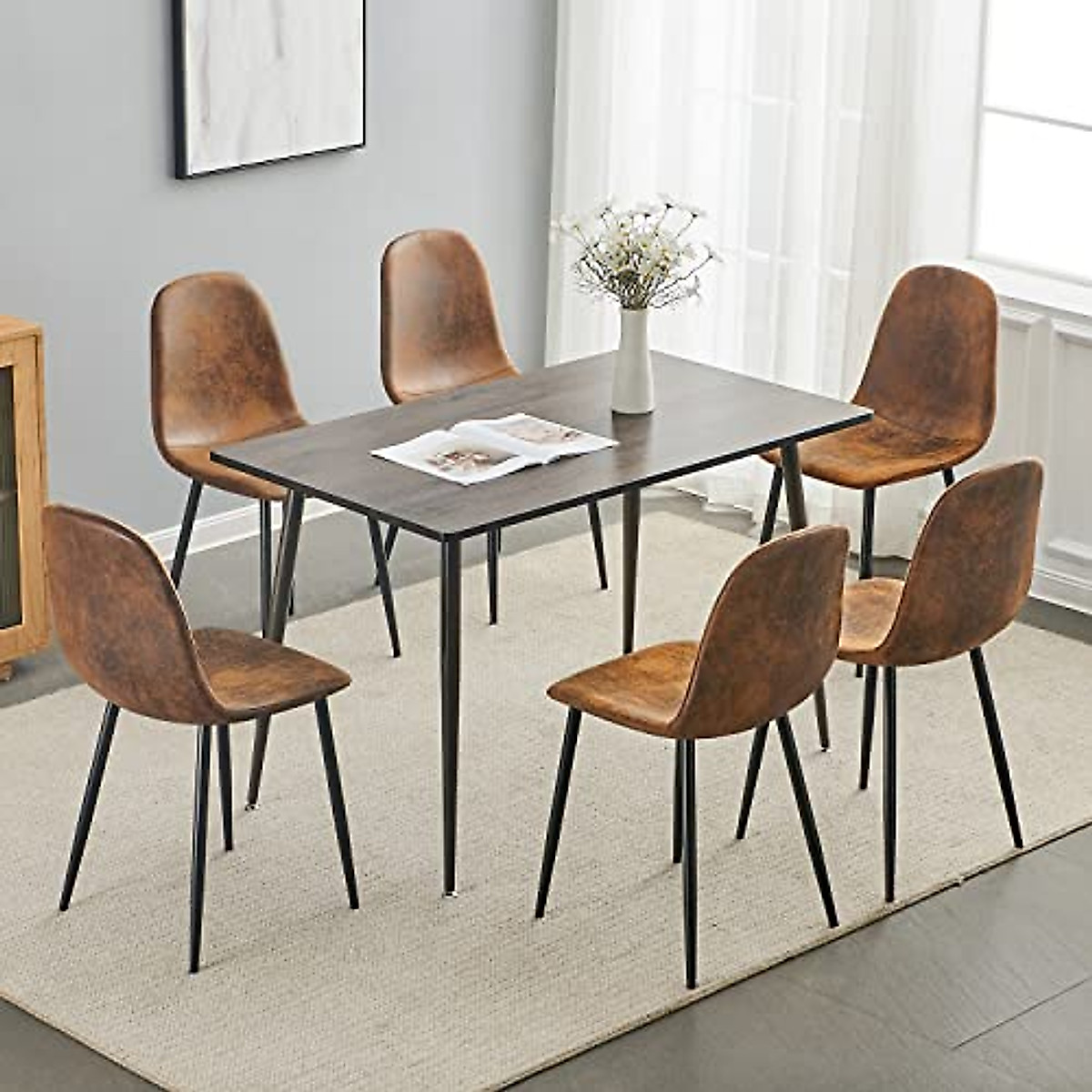 HOMY CASA Dining Chairs Set of 6, Modern Mid-Century Style Dining Room Side Chairs Accent Chairs with Black Metal Legs Comfortable for Kitchen Lounge Farmhouse, Rustic Brown, 6PCS(Only Chairs)