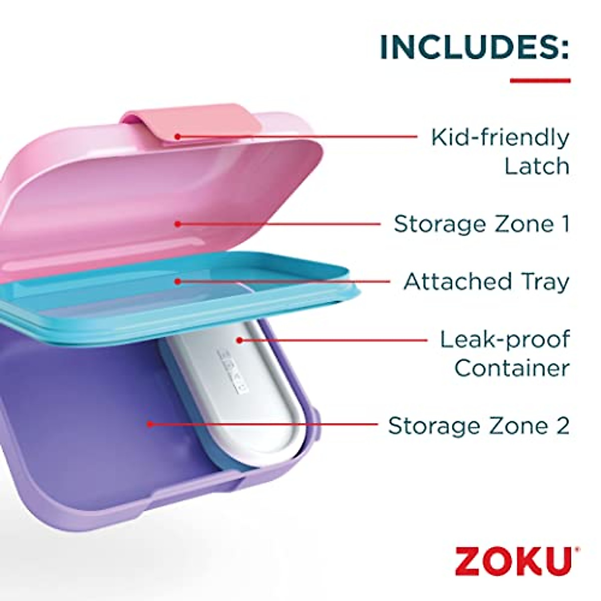 ZOKU - Mini Bento Box for Kids, Stackable, Lightweight, Leakproof, for Children, Kid Friendly Latch, Easy to Clean (Bento Jr) (Pink)