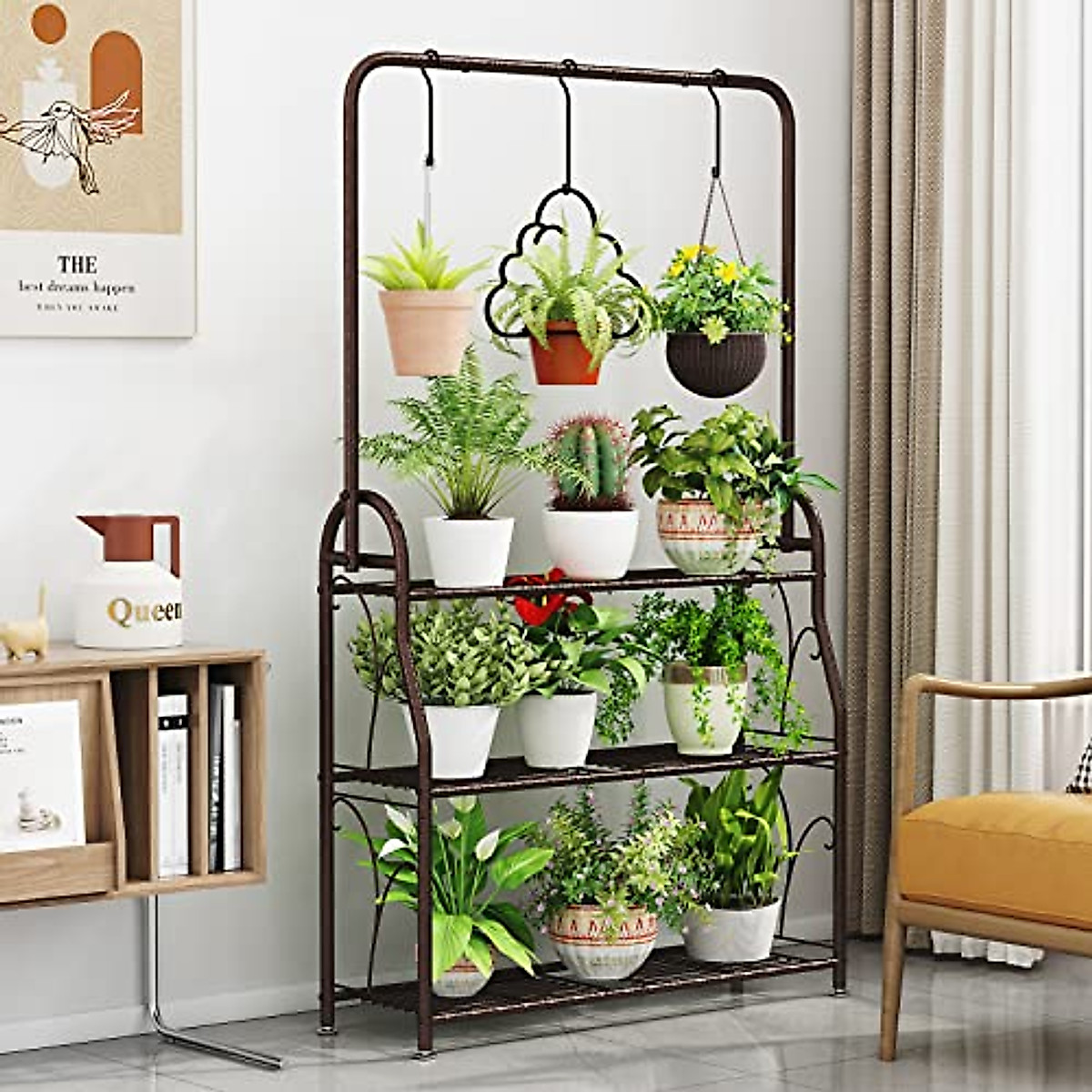 SORCEDAS Plant Stand 3 Tier Indoor Outdoor Tall Corner Hanging Plant Shelf Metal Flower Stands Ladder Plant Holder for Room Balcony Garden Patio Multiple Plants, Bronze