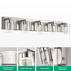 Bathroom Light Fixtures, 5 Light Brushed Nickel Bathroom Vanity Light, Crystal Bubble Glass With Dimmable 3-Color Lights, Modern Bathroom Wall Sconce For Bathroom Hallway Kitchen Bedroom Living Room