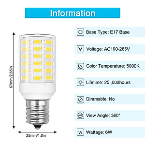 Frigidaire Freezer Light Bulb Replacement E17 LED Appliance Bulb KEI D28A KEL2811 Compact 5304517886 6W Equivalent 60W-70W Daylight White 800LM E17 Intermediate Base Bulbs Not Dimmable (2 Pack)