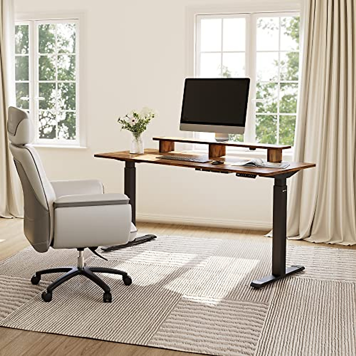 EUREKA ERGONOMIC Electric Standing Desk,63 Inches Height Adjustable Desk,Stand up Desk with Dual Motor,Computer Desk with LED Lights & Double Shelves,Home Office Desk with Monitor Stand,Brown Wood