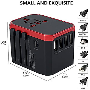International Universal Travel Adapter, All-in-One Global AC Charger Socket. The 5.6A 4 USB and Type c Multi-Function Conversion Plug is Suitable for Many Countries Around The World. (Red)