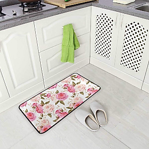 susiyo Kitchen Mat Beautiful Floral Pink Roses Kitchen Rug Mat Anti-Fatigue Comfort Floor Mat Non Slip Oil Stain Resistant Easy to Clean Kitchen Rug Bath Rug Carpet for Indoor Outdoor Doormat