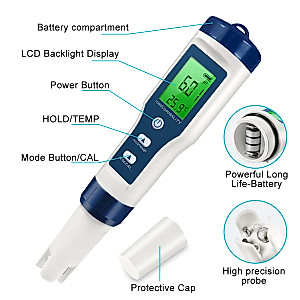 KONVIO NEER 5 in 1 TDS Meter PH Tester, 0.01 High Accuracy Digital PH Meter for Water, PH/TDS/EC/Salt/Temp Tester, PPM Meter Water Tester for Drinking Water, Hydroponics, Plants, Aquarium and Pool