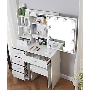 White Vanity Desk with Mirror and Lights, Makeup Vanity Desk with 5 Drawers of Storage, Bedroom Makeup Dressing Table with Stool, White (JTO-07)