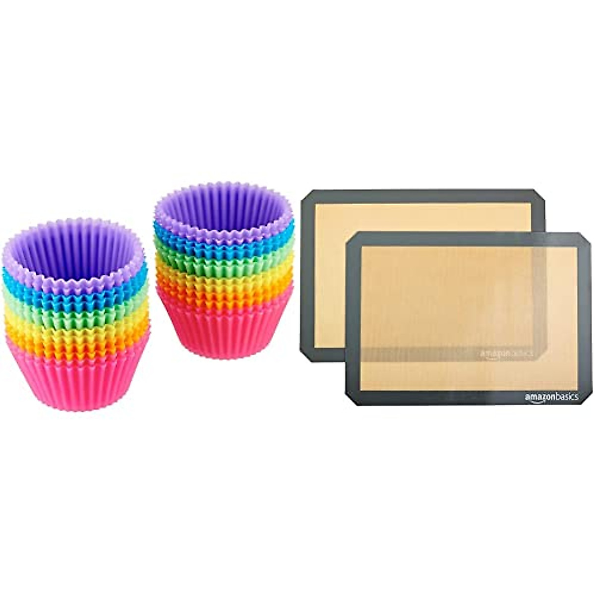 amazon basics Silicone, Non-Stick, Food Safe Baking Mat - Pack of 2 & Reusable, Silicone, Non-Stick Baking Cups Liners - Pack of 24