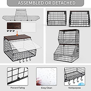 Mefirt Fruit Basket, Enlarged 2-Tier Kitchen Organization Wire Basket with Wood Lid, Stackable Wall-mounted & Countertop Tiered Storage Baskets for Potato Storage, Onion Storage, Snack Onganizer etc
