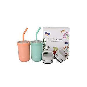 Double walled Insulated Smoothie cups for kids | Toddler Cups with Straws | Set of 2 Straw Sippy Cup | Stainless steel baby cup with Thermos Lid for Hot Storage | Kids Straw Cups