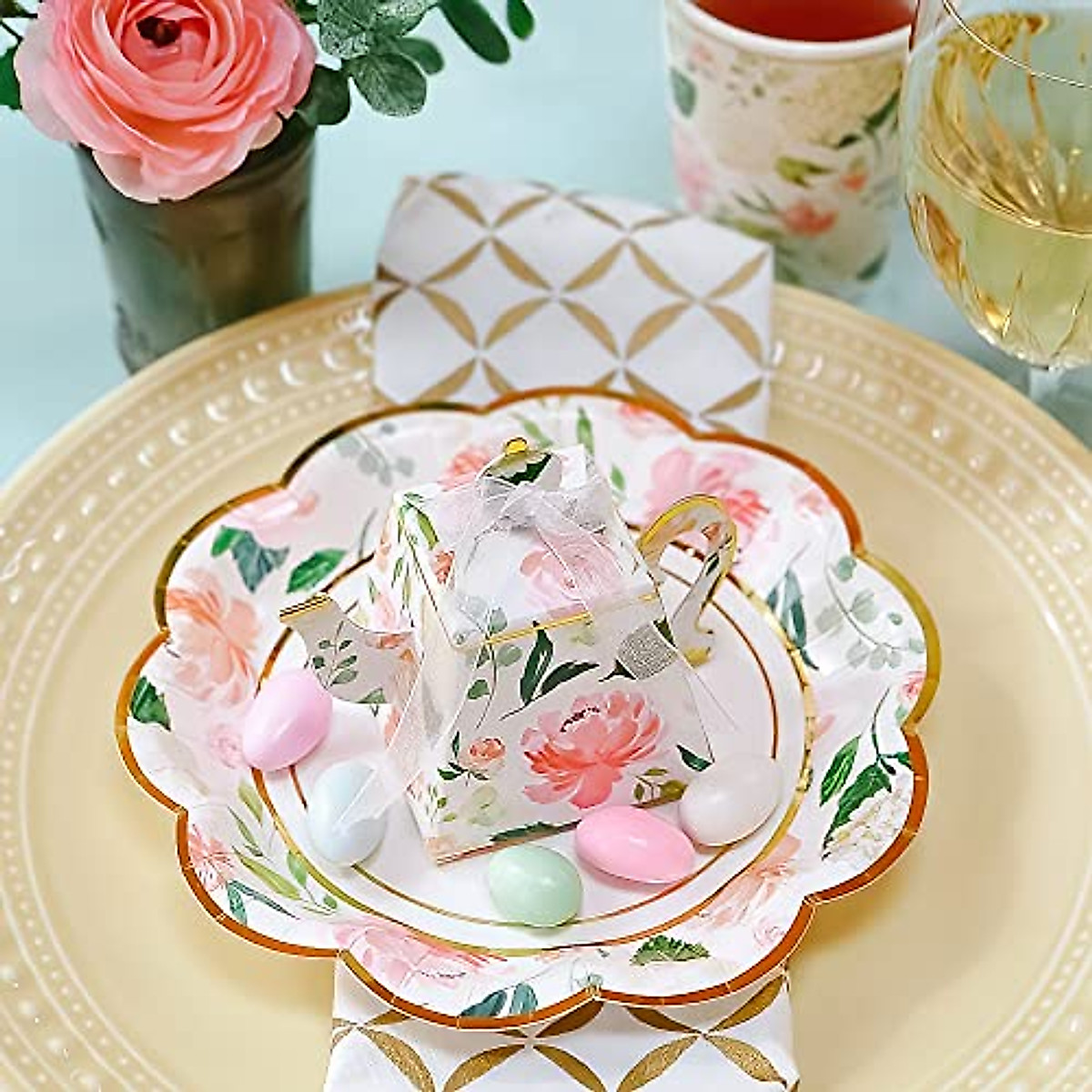 Kate Aspen Pink Floral 7 in. Decorative Premium Paper Plates (350 GSM weight -Set of 16) - Perfect for Bridal Showers and Weddings,