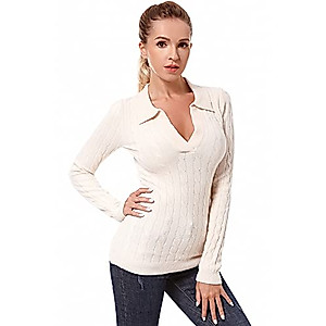 AmélieBoutik Women Collar V Neck Cable Knit Long Sleeve Pullover Sweater (Creamy White X-Small)