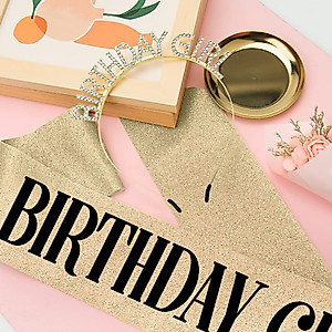PQRUU Birthday Sash for Women Gold Birthday Girl Sash Glitter Birthday Sash and Tiara for Women Birthday Crowns for Women Happy Birthday Decorations Accessories Rhinestone Birthday Girl Headband