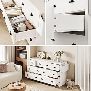 LIKIMIO Dresser 8 Drawer, Modern Wood Bedroom Dresser with with Charging Station and Storage Bag, Storage Chest of Drawers for Living Room Hallway Entryway, White