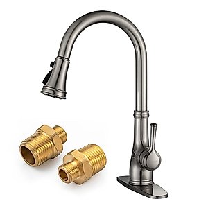 Kitchen Faucet-WEWE Single Handle Stainless Steel Brushed Nickel Pull Down Kitchen Sink Faucet with Pull Out Sprayer with 1/2 to 3/8 Adapter 2 Pieces