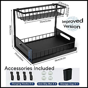 Organizer and Storage, Under Sink, Countertop, Bathroom Vanity Top, Cabinets, Tabletop Storage Organizer +GIFT 4 Hooks and Hanging Cup, 2 Tier, Bathroom or Vanity, Slide Out Shelf, Black Metal No rust
